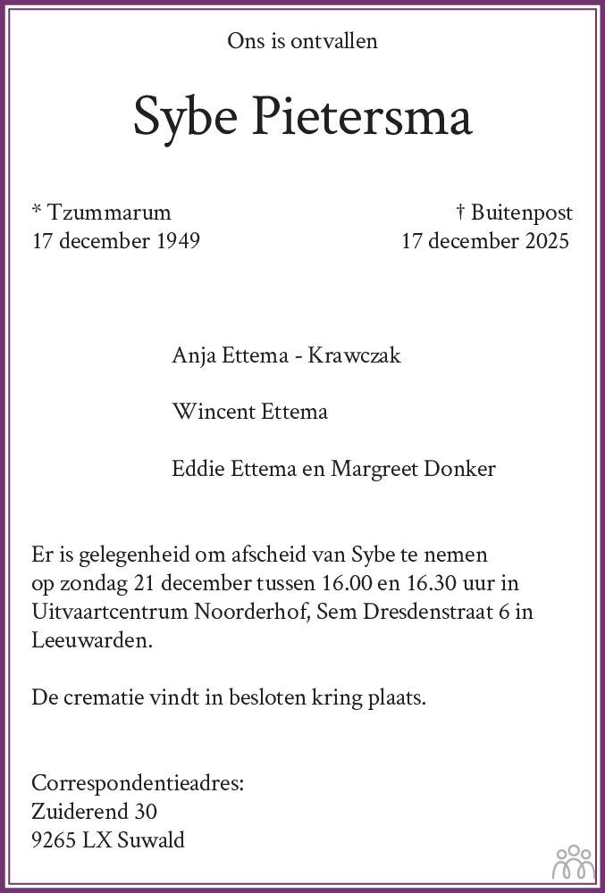 Sybe Pietersma 17 december 2025 • overlijdensbericht en condoleances ...