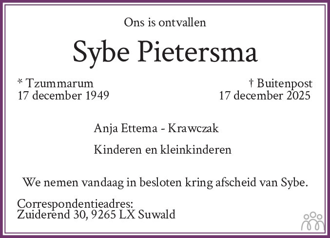 Sybe Pietersma 17 december 2025 • overlijdensbericht en condoleances ...