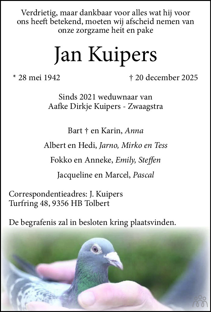 Jan Kuipers 20 december 2025 • overlijdensbericht en condoleances ...