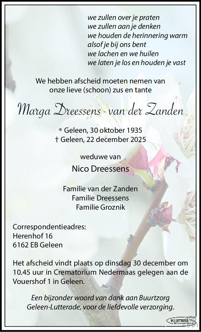 Marga Dreessens-van der Zanden 22 december 2025 • overlijdensbericht en ...