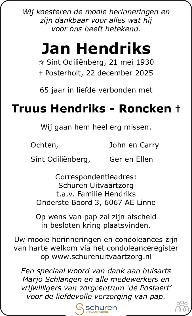 Jan Hendriks 22 december 2025 • overlijdensbericht en condoleances ...
