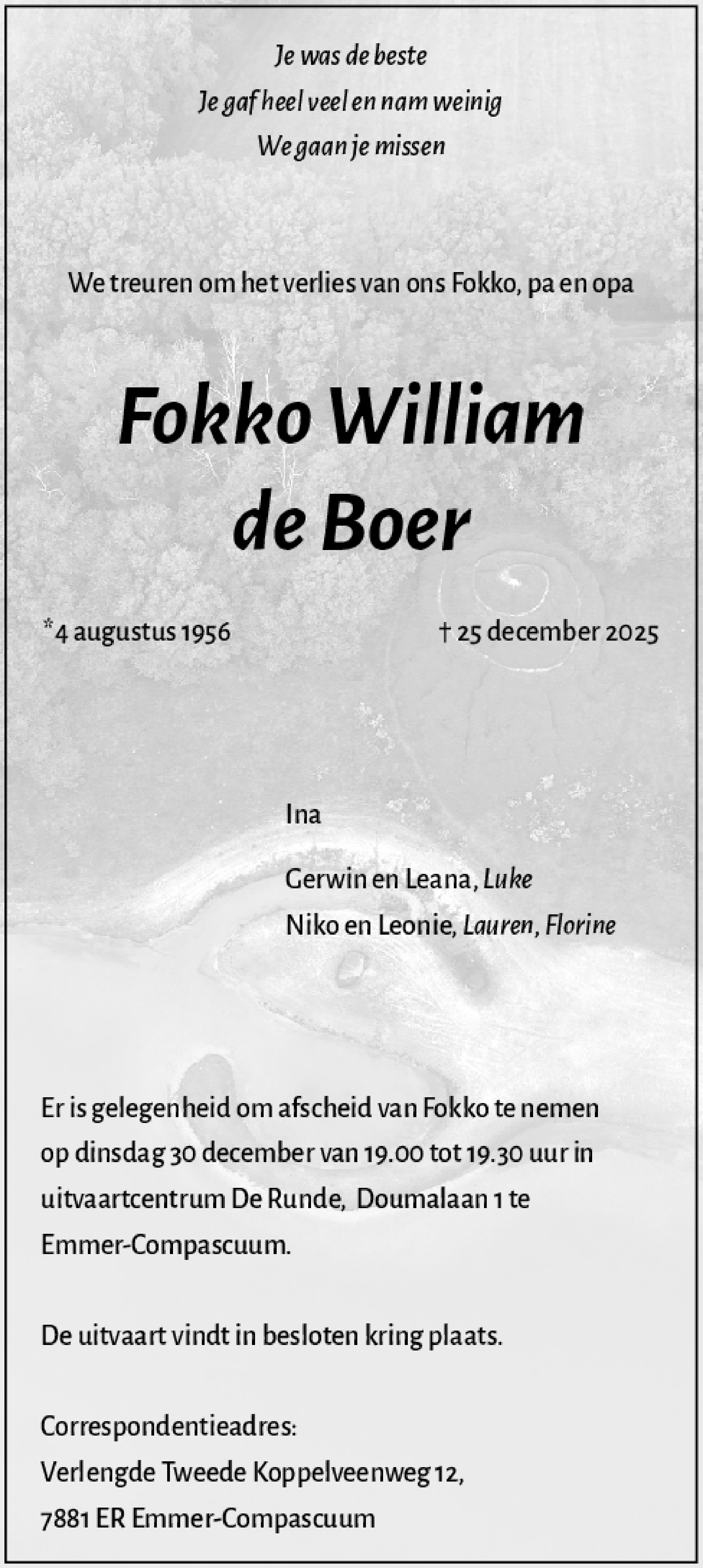 Fokko William de Boer 25 december 2025 • overlijdensbericht en condoleances - Mensenlinq