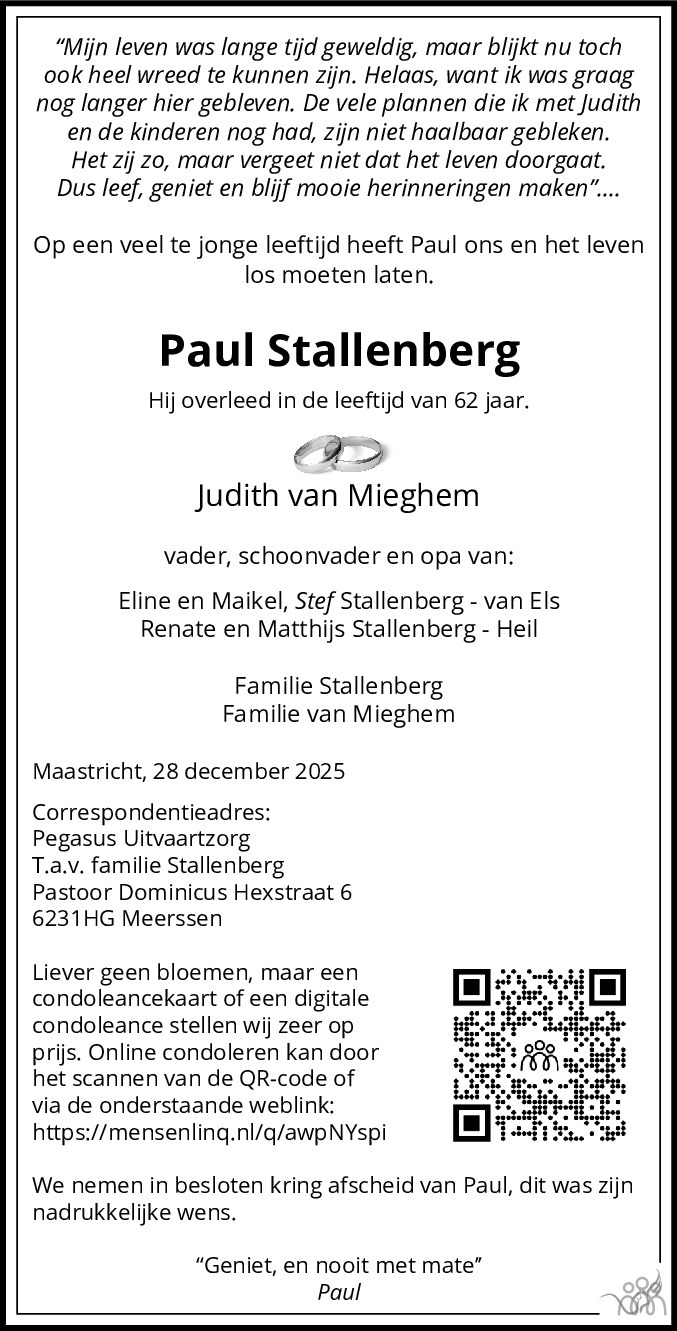 Paul Stallenberg 28 december 2025 • overlijdensbericht en condoleances ...