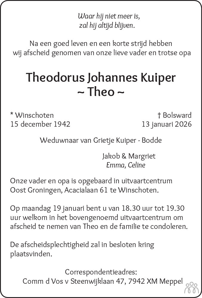 Theodorus Johannes Kuiper 13 januari 2026 • overlijdensbericht en ...