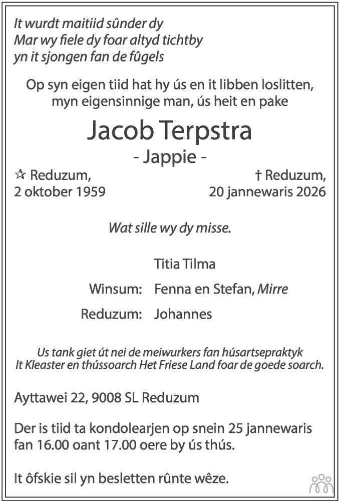 Jacob (Jappie) Terpstra 20 januari 2026 • overlijdensbericht en ...