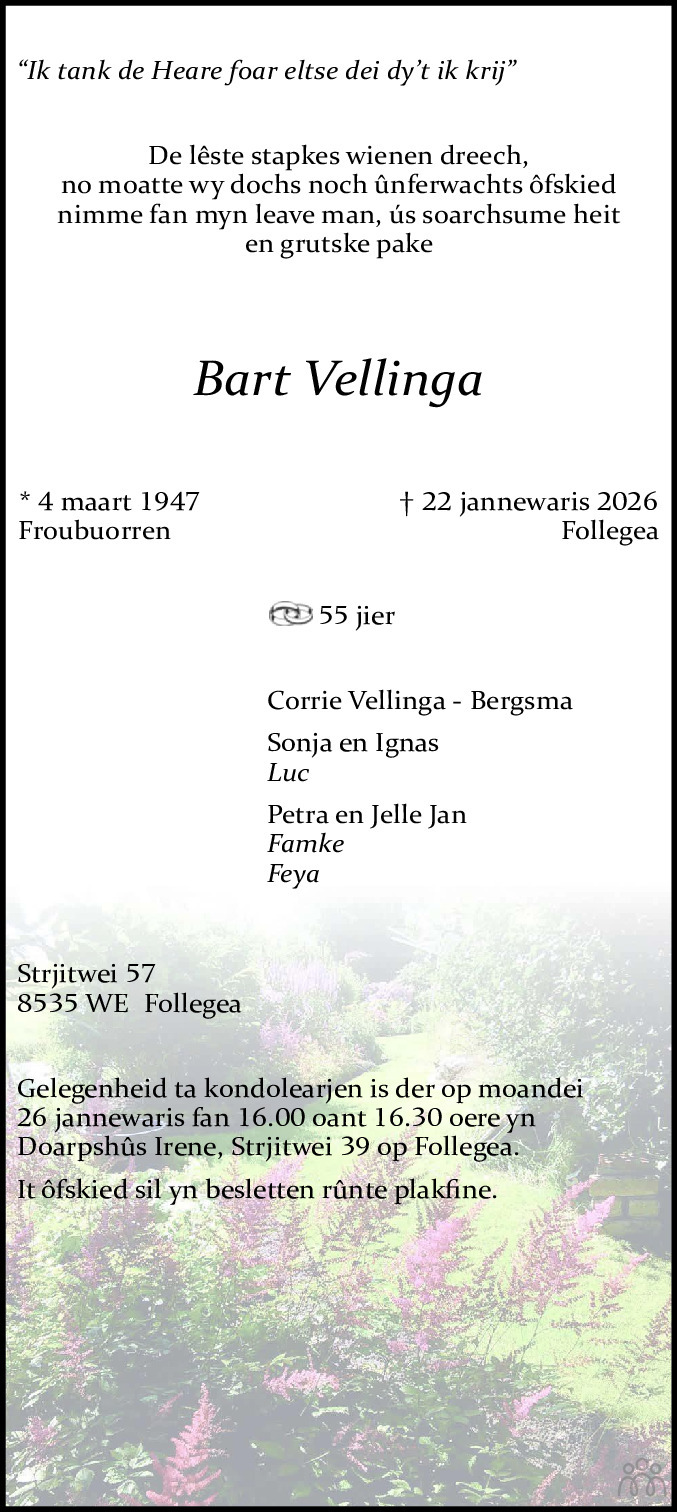 Bart Vellinga 22 januari 2026 • overlijdensbericht en condoleances ...