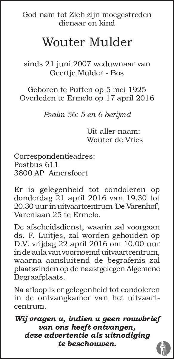 Wouter Mulder 17 april 2016 • overlijdensbericht en condoleances - Mensenlinq