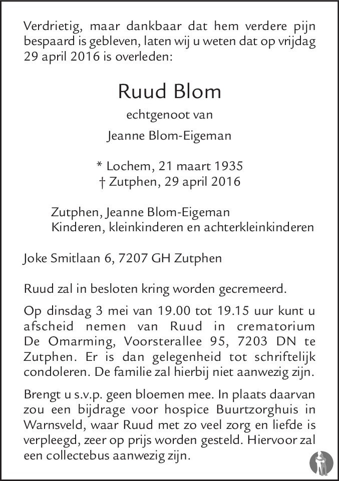 Ruud Blom 29 april 2016 • overlijdensbericht en condoleances - Mensenlinq