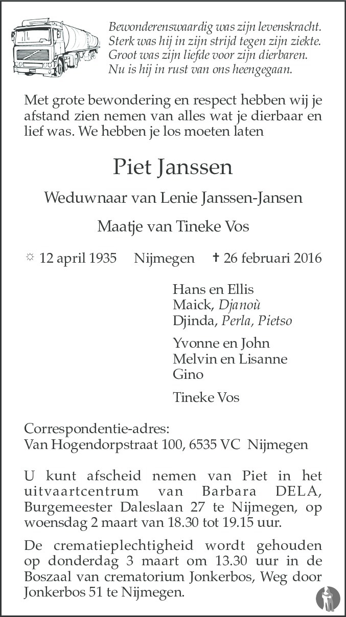 Piet Janssen 26 februari 2016 • overlijdensbericht en condoleances ...