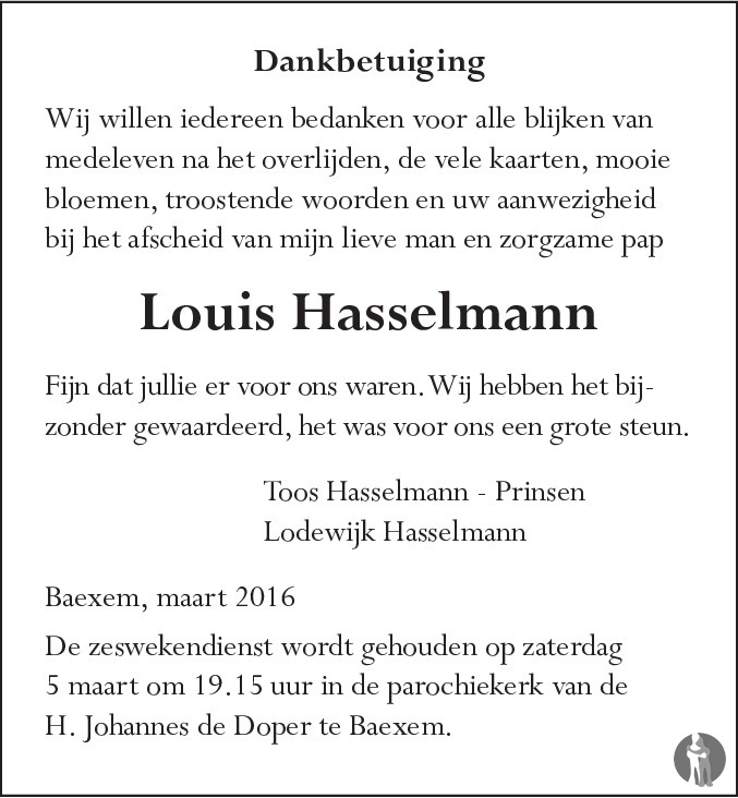 Louis Hasselmann 17 januari 2016 • overlijdensbericht en condoleances ...