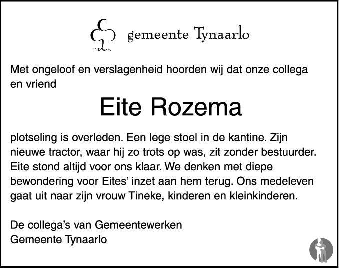 Eite Rozema 16 april 2013 • overlijdensbericht en condoleances - Mensenlinq
