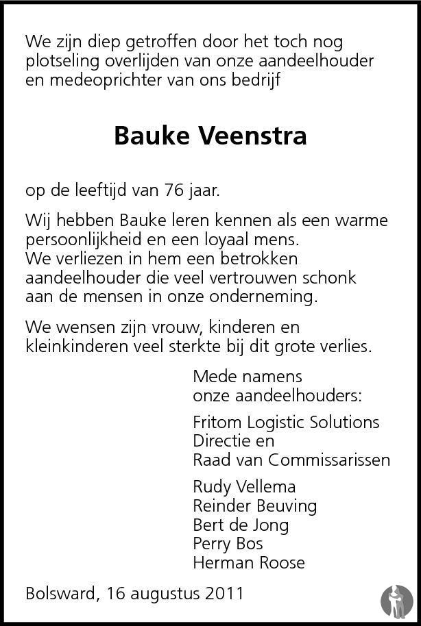 Bauke Veenstra 16 augustus 2011 • overlijdensbericht en condoleances ...
