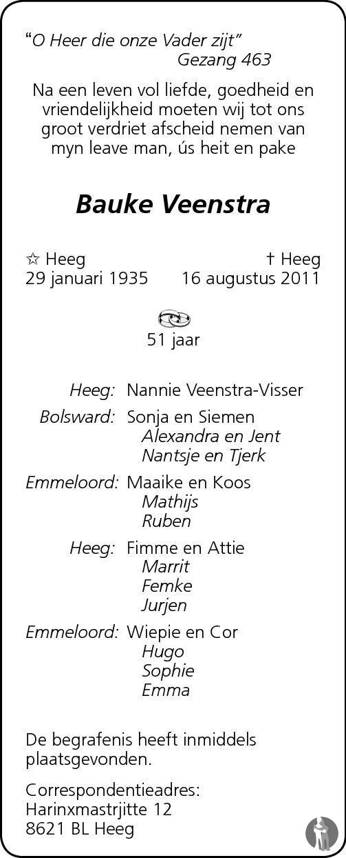 Bauke Veenstra 16 augustus 2011 • overlijdensbericht en condoleances ...