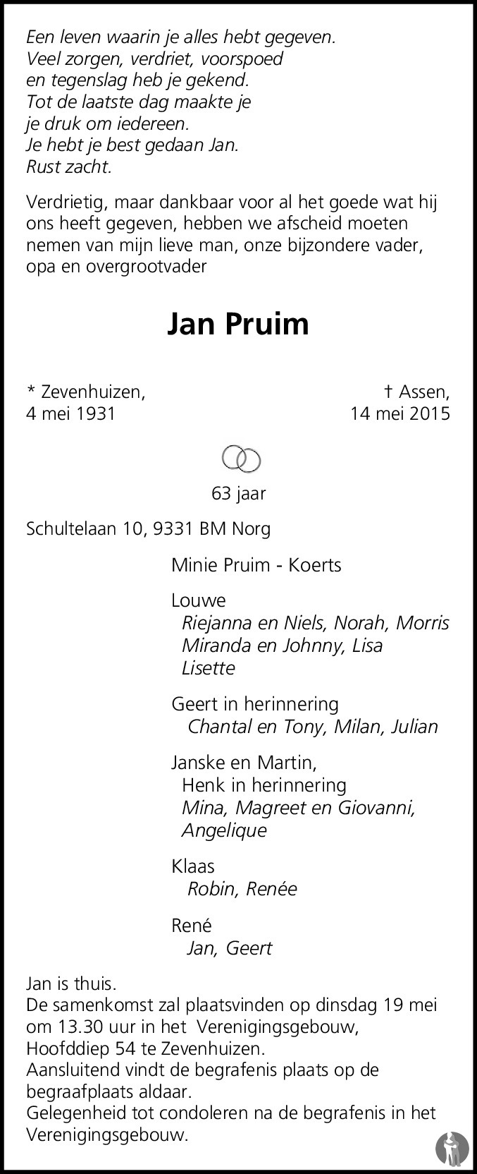Jan Pruim 14 mei 2015 • overlijdensbericht en condoleances - Mensenlinq