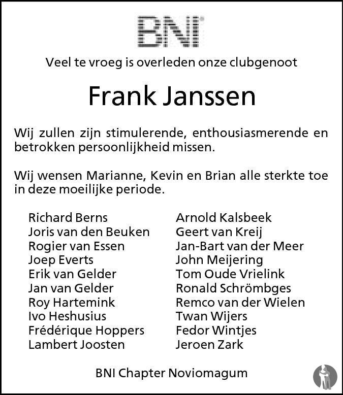 Frank Janssen 23 mei 2013 • overlijdensbericht en condoleances - Mensenlinq
