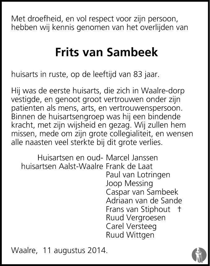 Frits van Sambeek 8 augustus 2014 • overlijdensbericht en condoleances ...