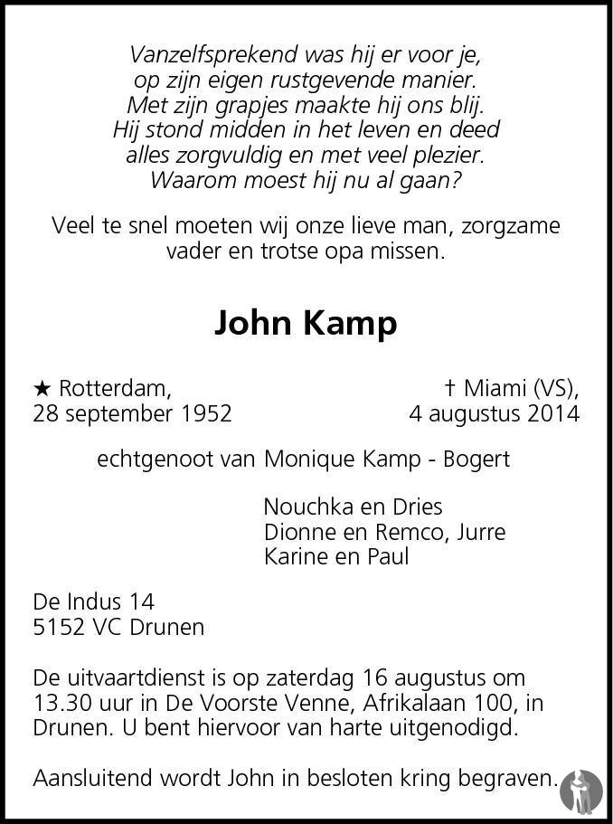 John Kamp 4 Augustus 2014 • Overlijdensbericht En Condoleances Mensenlinq