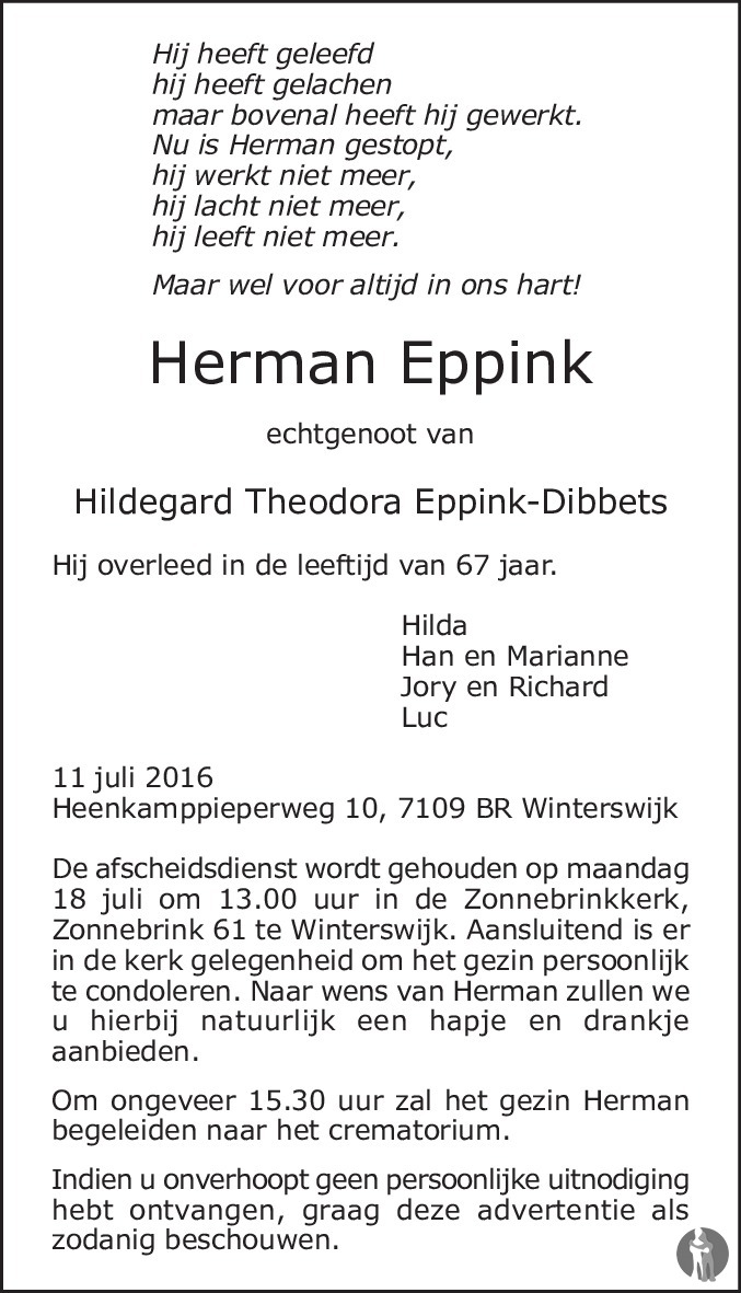 Herman Eppink 11 juli 2016 • overlijdensbericht en condoleances ...