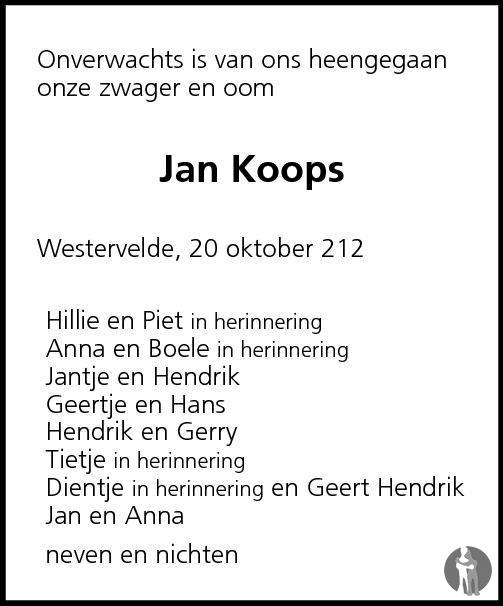 Jan Koops 20 oktober 2012 • overlijdensbericht en condoleances - Mensenlinq