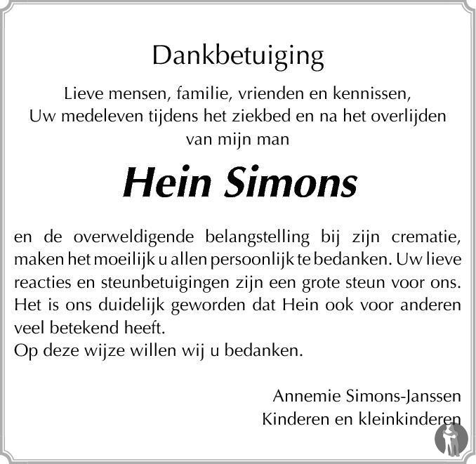 Hein Simons 20 juli 2013 • overlijdensbericht en condoleances - Mensenlinq