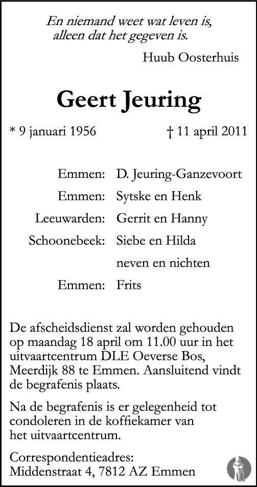 Geert Jeuring 11 april 2011 • overlijdensbericht en condoleances ...