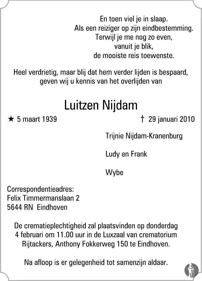 Luitzen Nijdam 29 januari 2010 • overlijdensbericht en condoleances ...