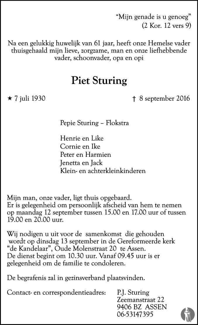 Piet Sturing 8 september 2016 • overlijdensbericht en condoleances ...