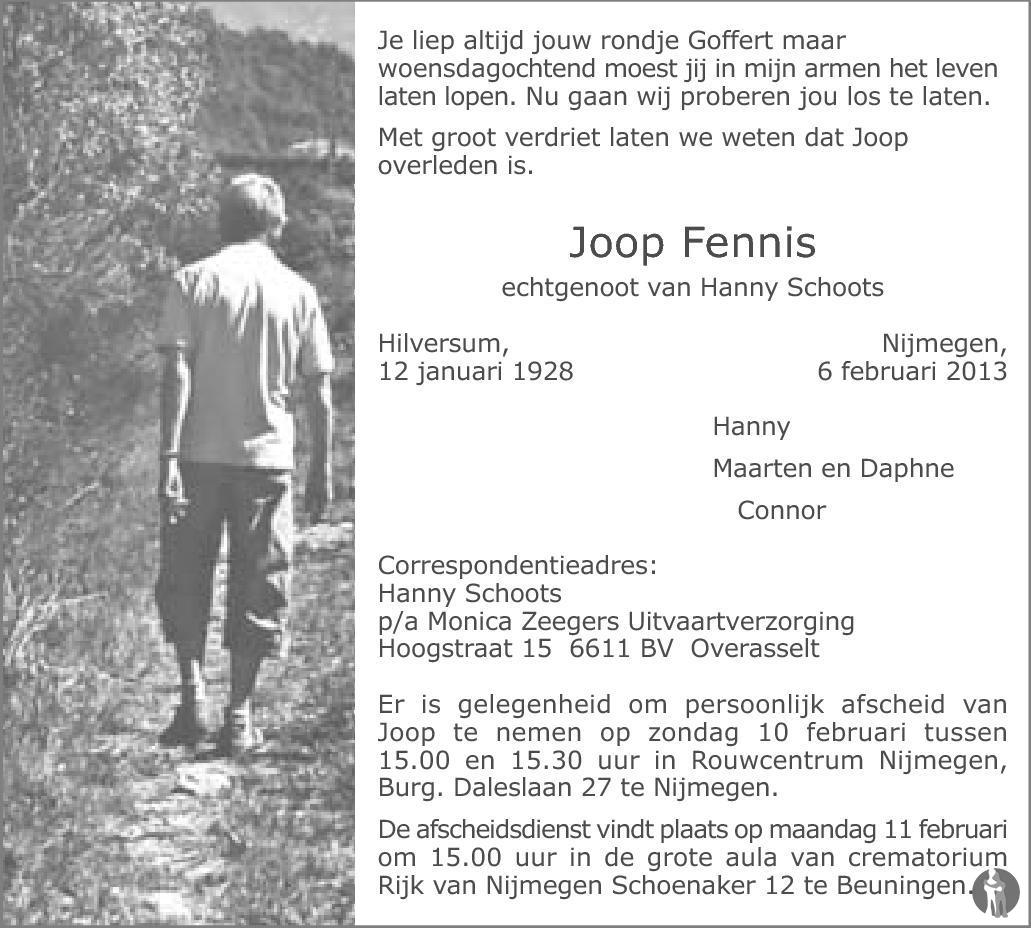 Joop Fennis 6 februari 2013 • overlijdensbericht en condoleances ...
