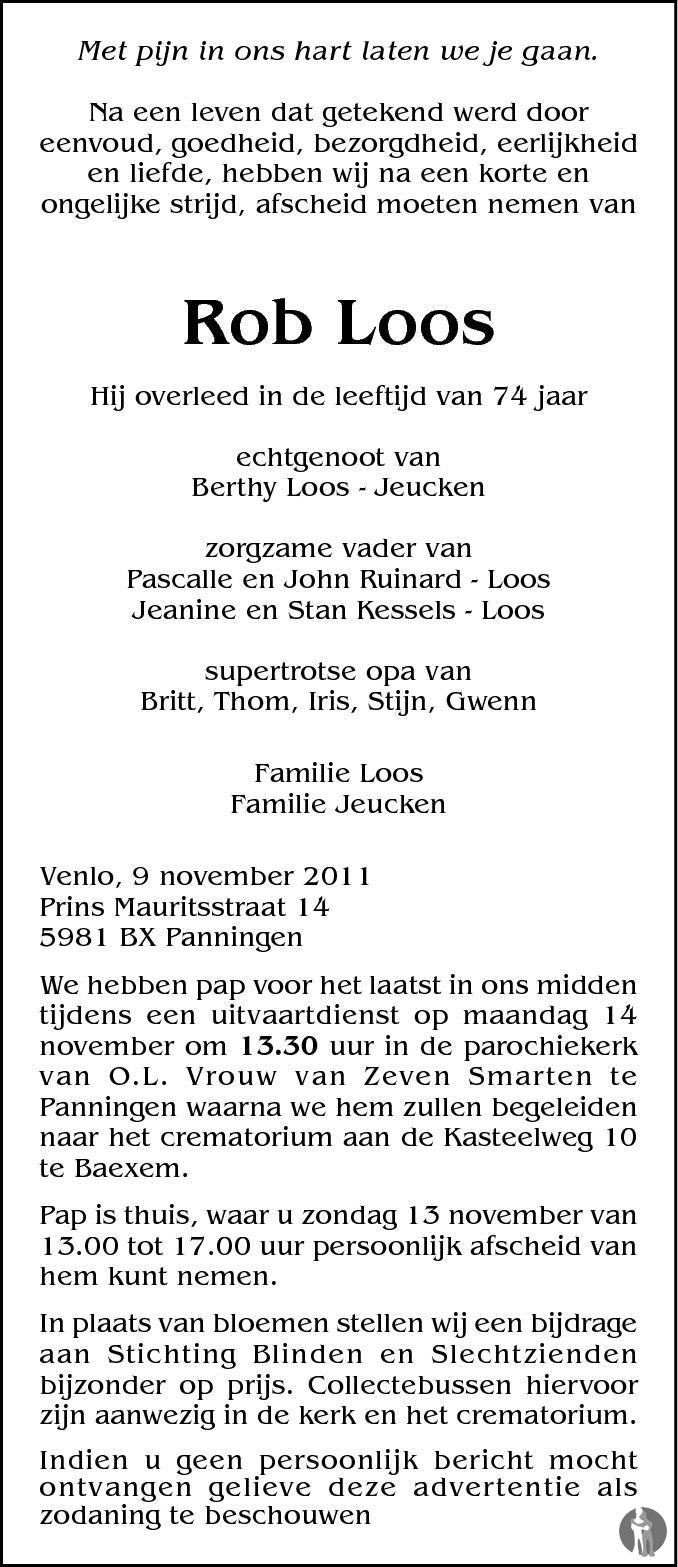 Rob Loos 9 november 2011 • overlijdensbericht en condoleances - Mensenlinq