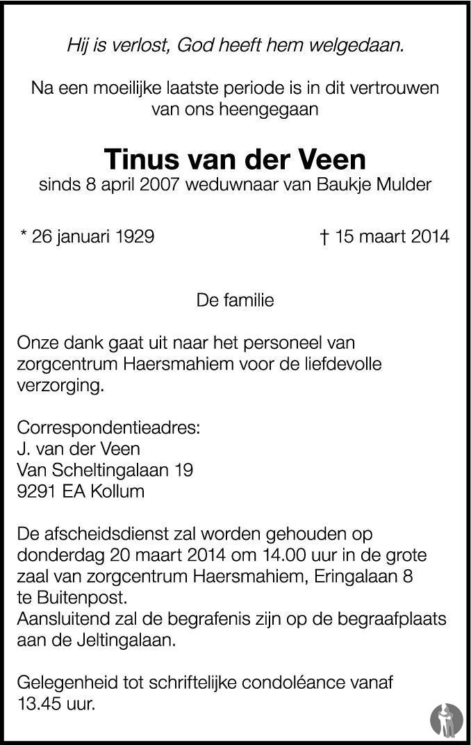 Tinus van der Veen 15 maart 2014 • overlijdensbericht en condoleances - Mensenlinq