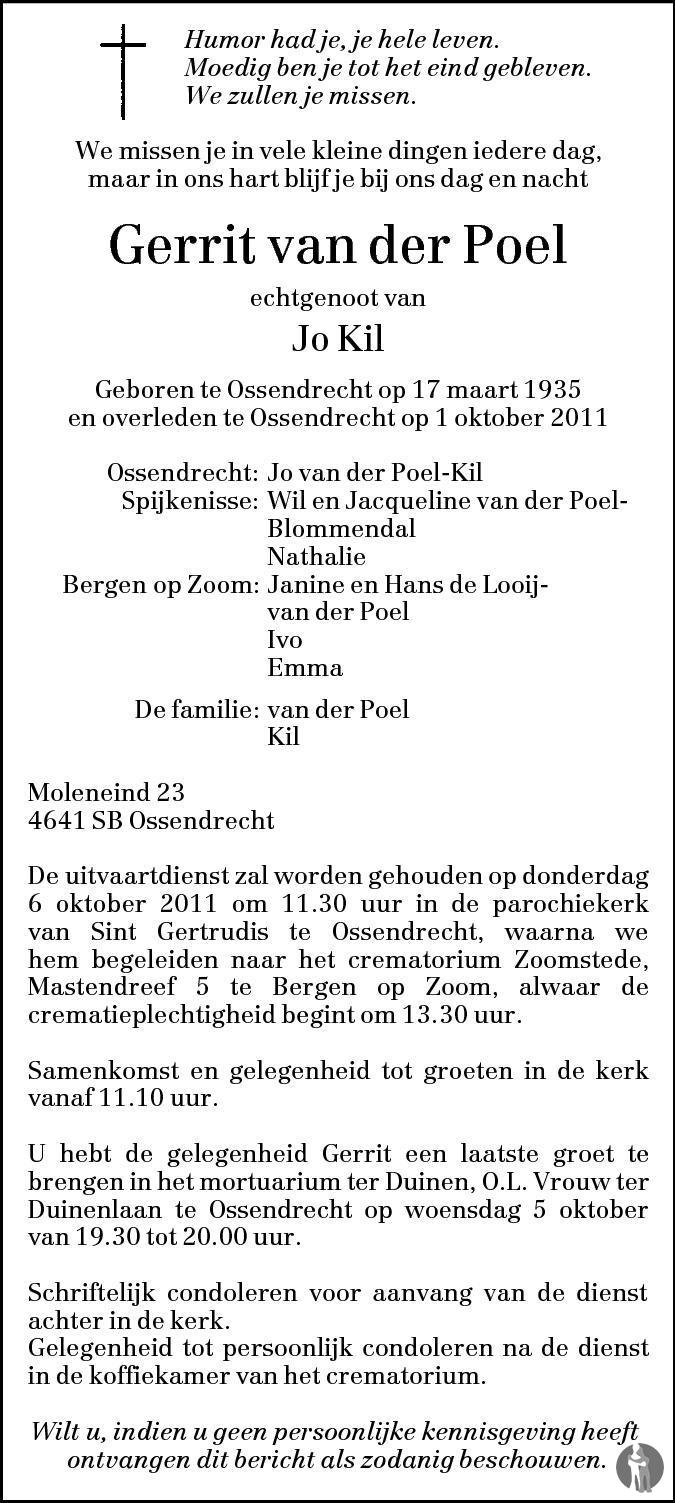 Gerrit van der Poel 1 oktober 2011 • overlijdensbericht en condoleances ...