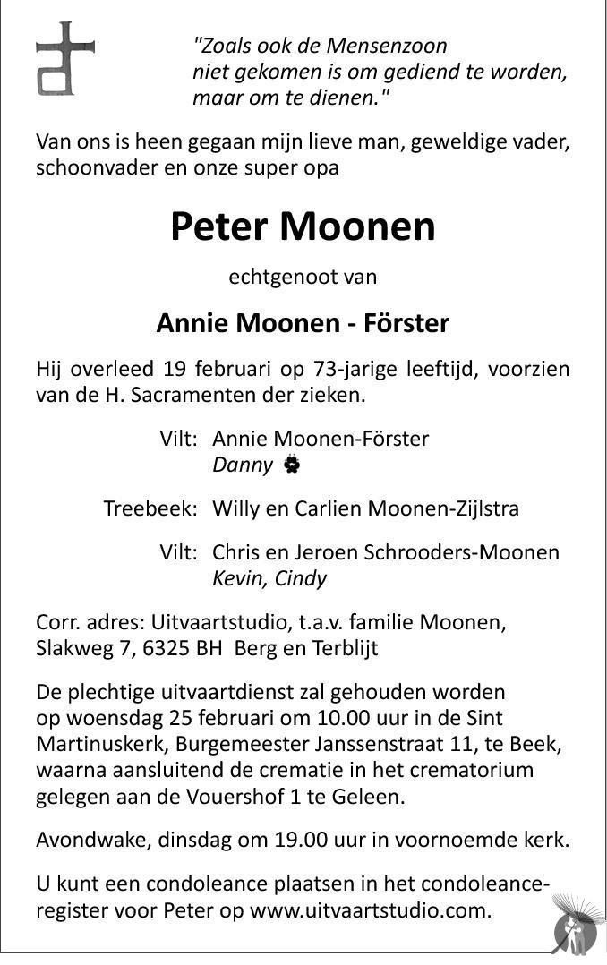 Peter Moonen 19 februari 2015 • overlijdensbericht en condoleances ...