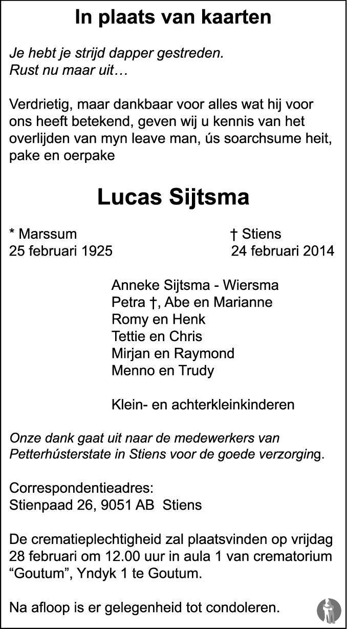 Lucas Sijtsma 24 februari 2014 • overlijdensbericht en condoleances ...