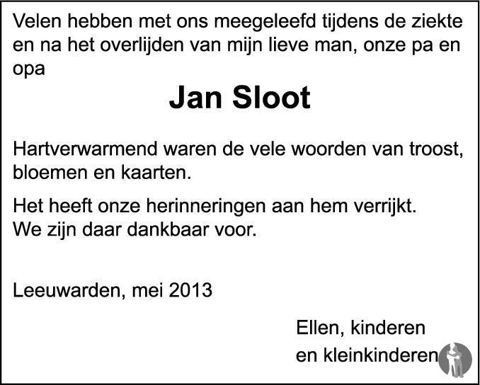 Jan Sloot 4 april 2013 • overlijdensbericht en condoleances - Mensenlinq