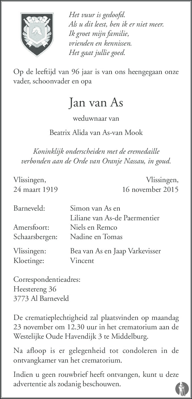 Jan van As 16 november 2015 • overlijdensbericht en condoleances ...