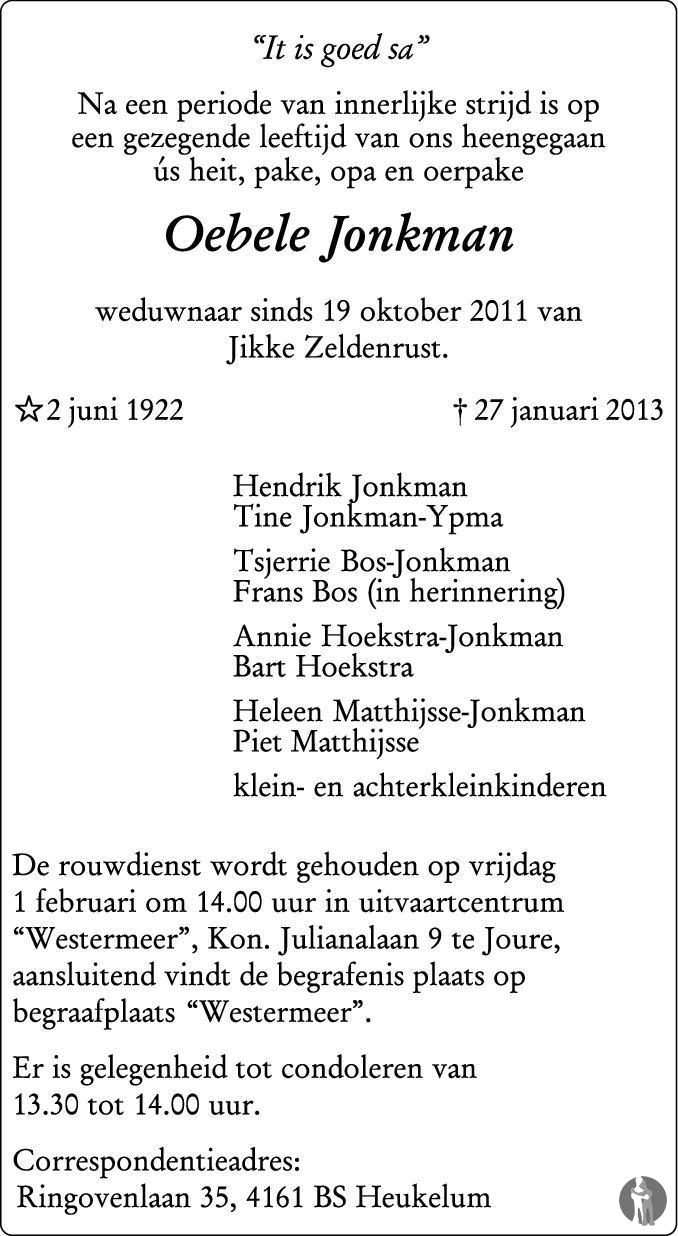 Oebele Jonkman 27 januari 2013 • overlijdensbericht en condoleances ...