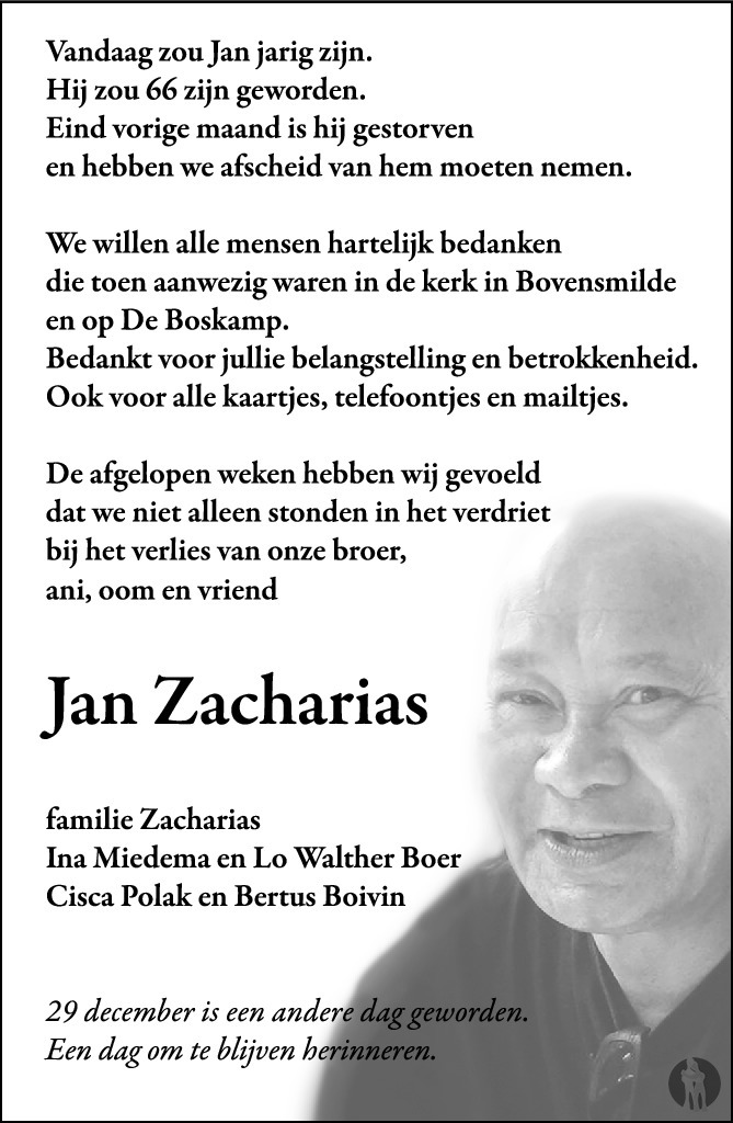 Jan Dirk Zacharias 24 november 2015 • overlijdensbericht en ...