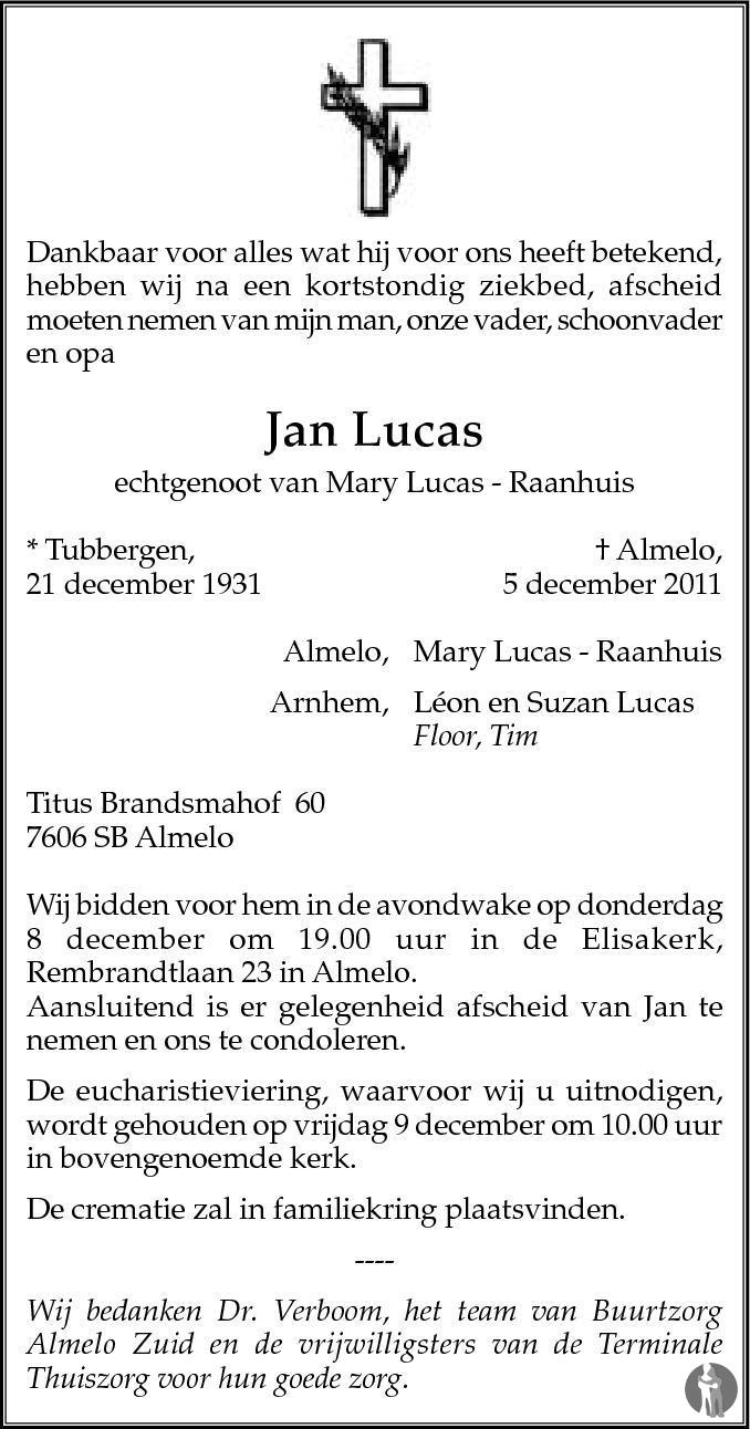 Jan Lucas 5 december 2011 • overlijdensbericht en condoleances - Mensenlinq