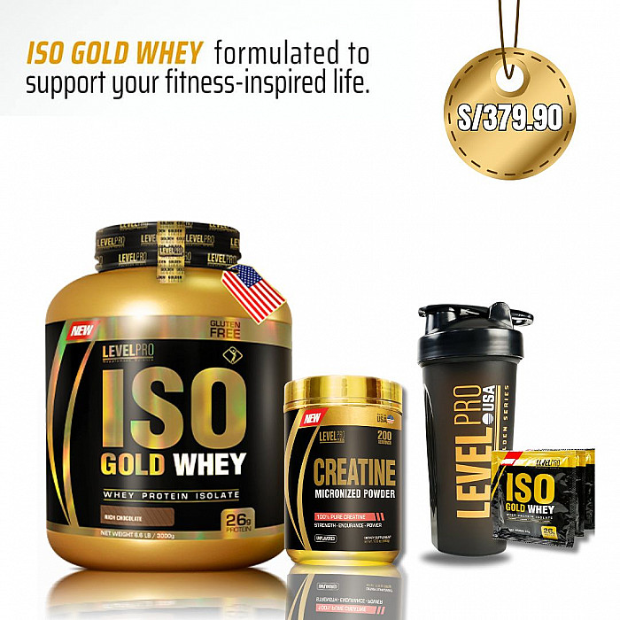 ISO GOLD WHEY 6.6 LB + CREATINE 500 GR LEVEL PRO - missproteinperu