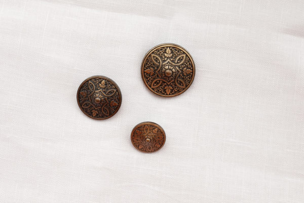 Antique Brass Shield Buttons - Stonemountain & Daughter Fabrics