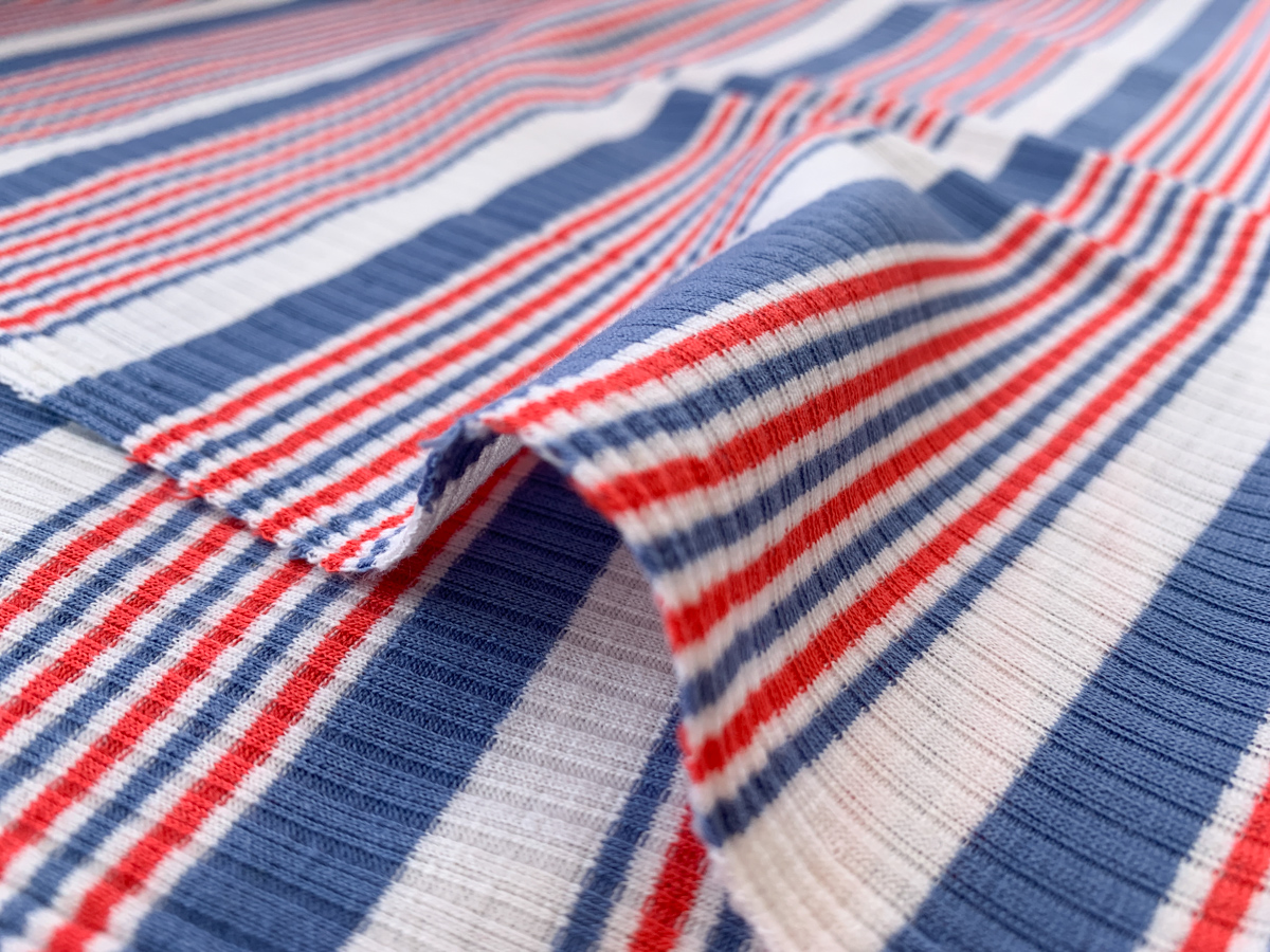 Designer Deadstock – Rayon/Spandex Rib Knit – Faded Blue Stripe ...