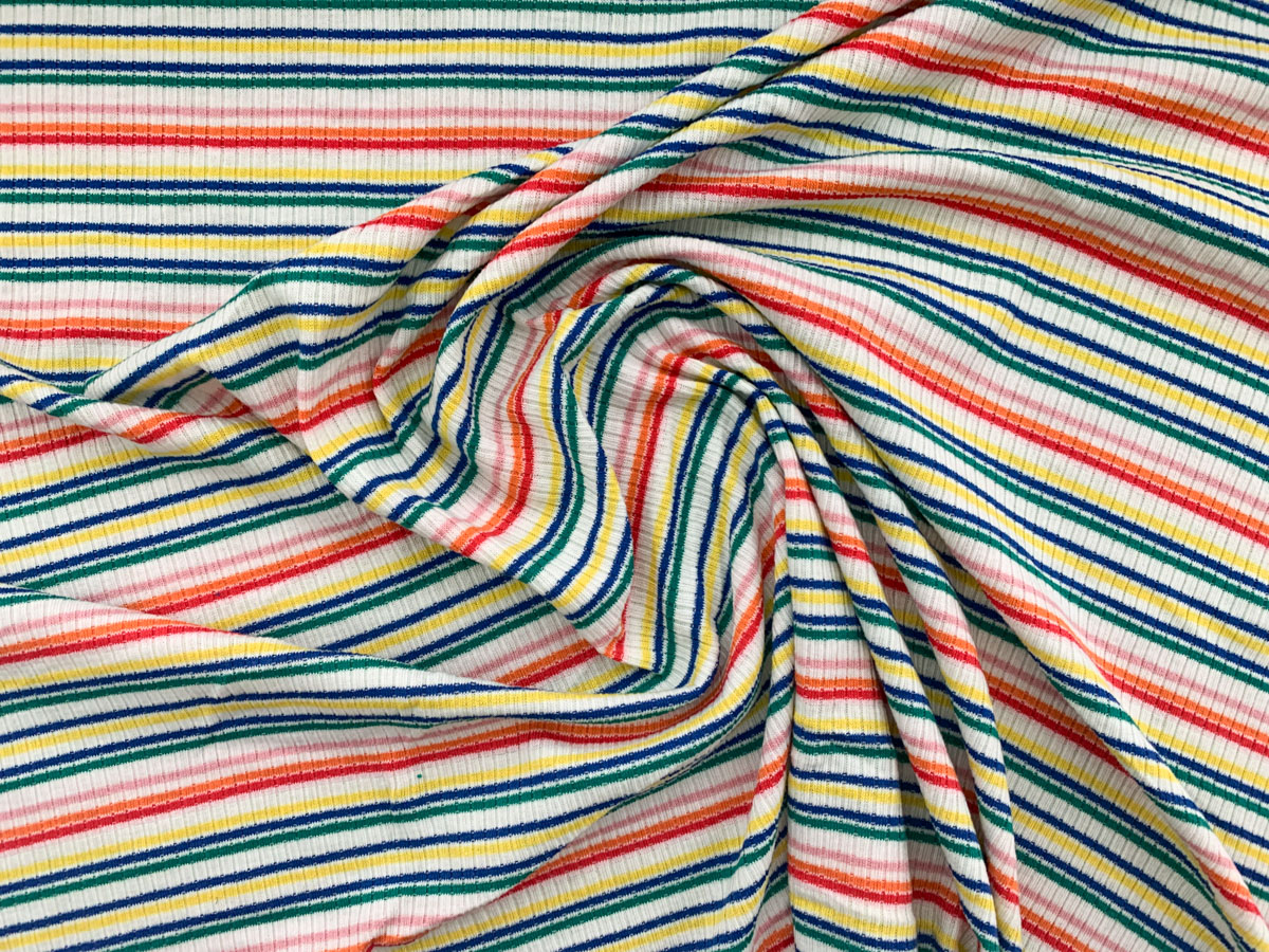 Designer Deadstock – Rayon/Spandex Rib Knit – Bright Stripe ...