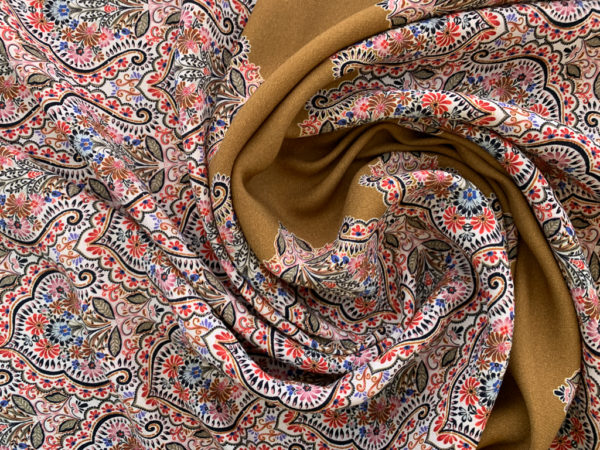 Designer Deadstock – Viscose Satin Back Challis – Tan Paisley Floral ...