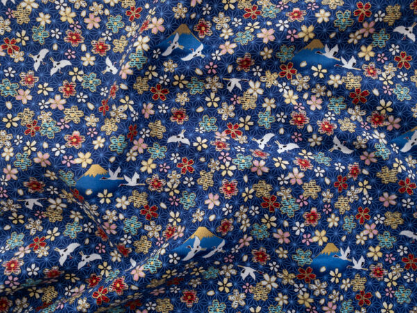 Japanese Cotton Sheeting - Mount Fuji in Spring - Blue/Gold ...