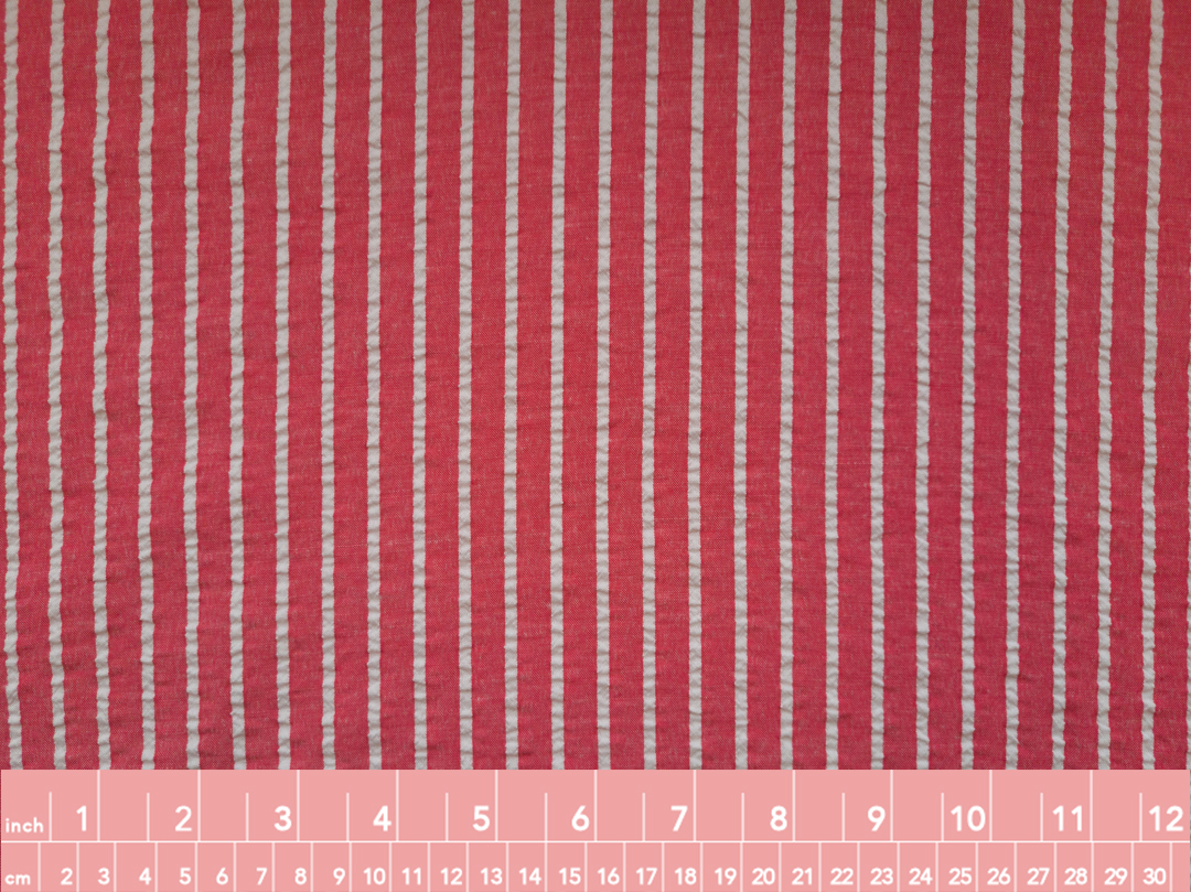 European Designer Deadstock - Polyester Seersucker - Thin Stripes - Red ...