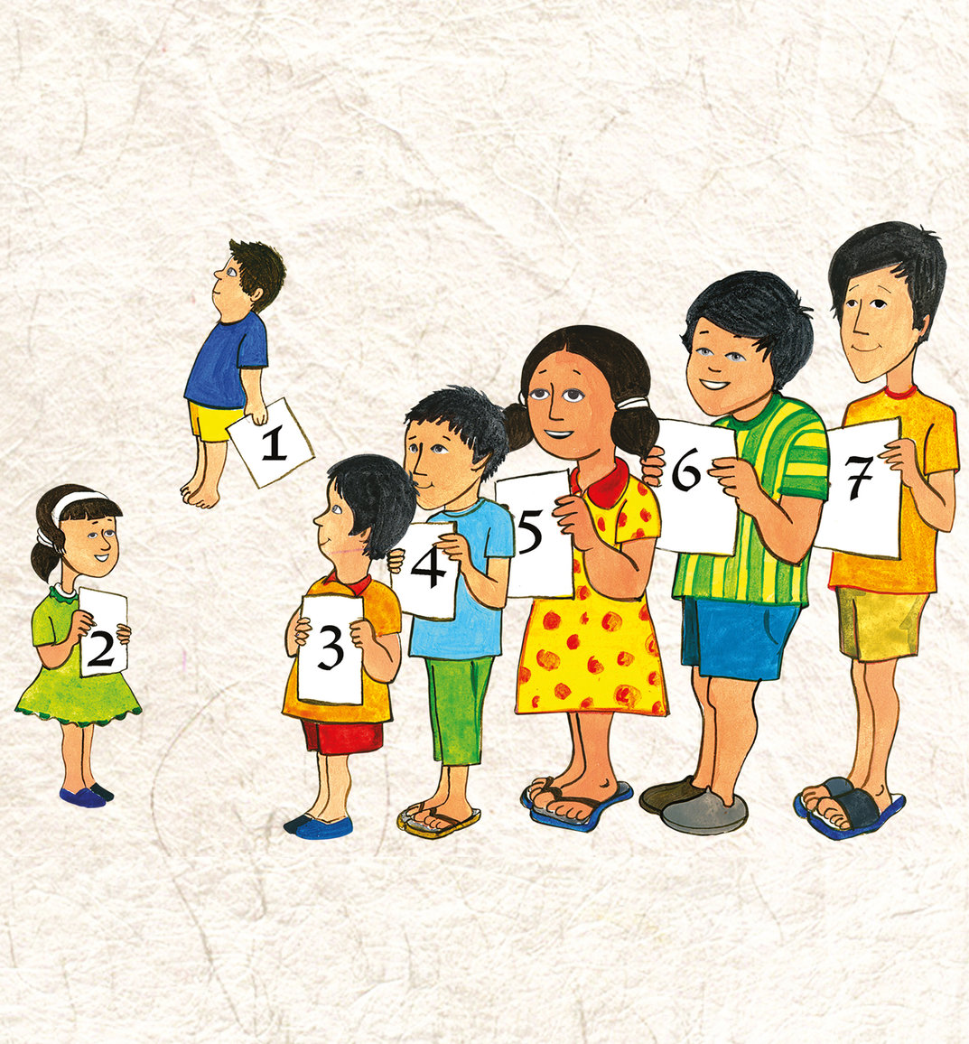 Children standing in order of height holding number placards