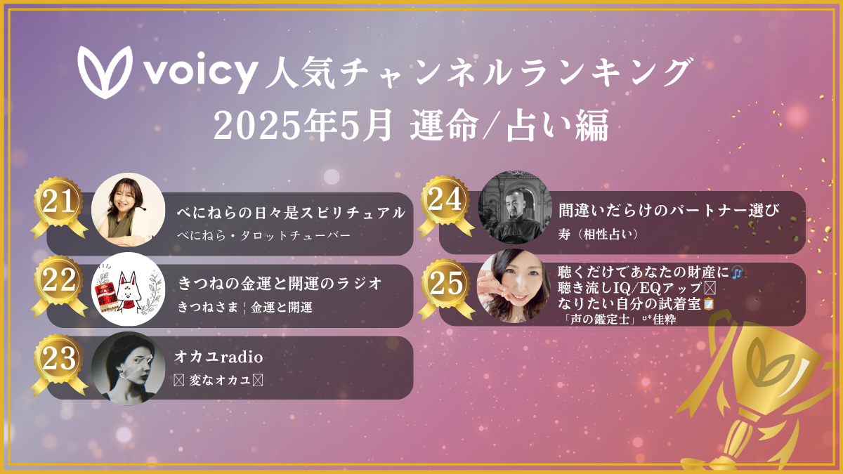 運命/占い編 2025年5月｜Voicy人気チャンネルランキングTOP30