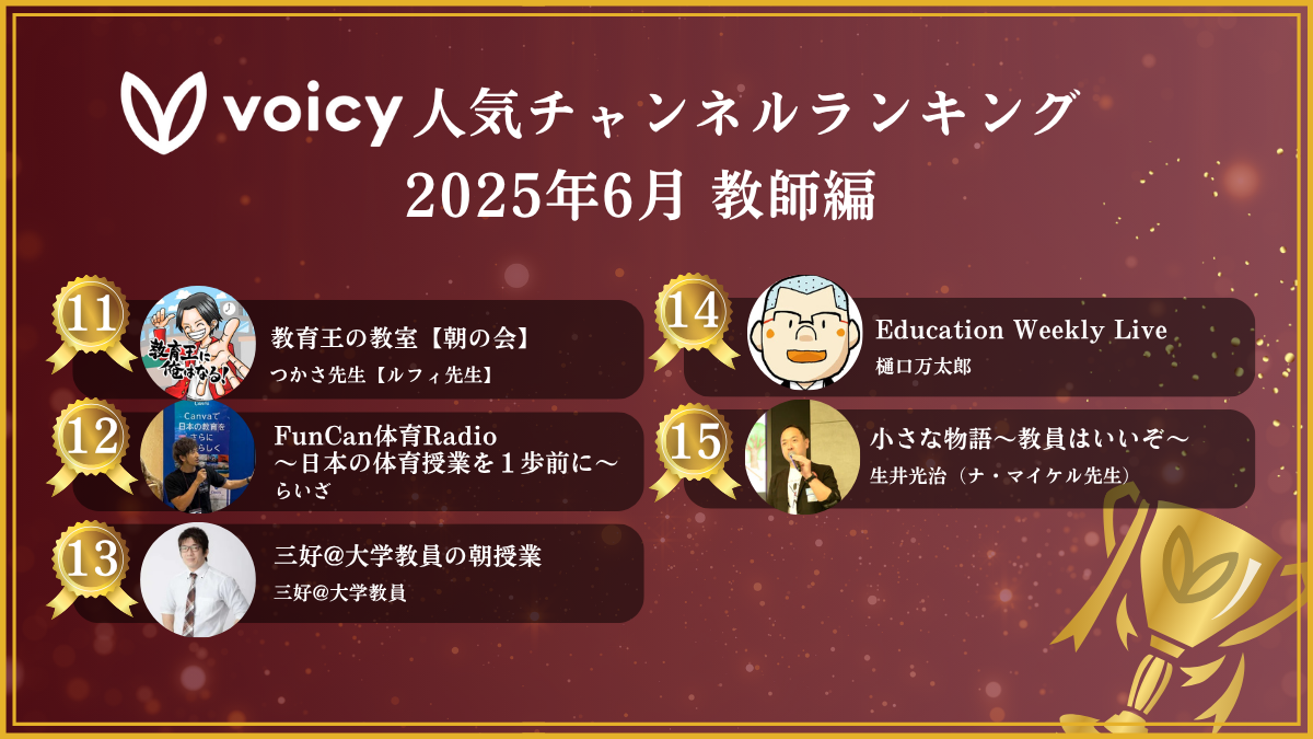 教師編 2025年6月｜Voicy人気チャンネルランキングTOP30