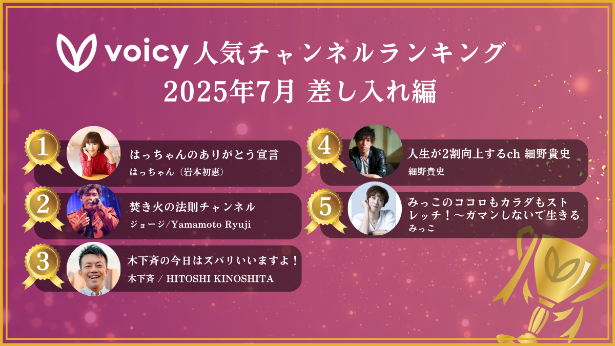 2025年7月｜Voicy差し入れ数 ランキングTOP5