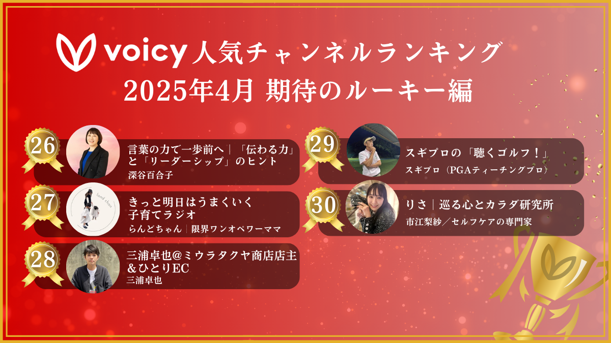 期待のルーキー編 2025年4月｜Voicy人気チャンネルランキングTOP30